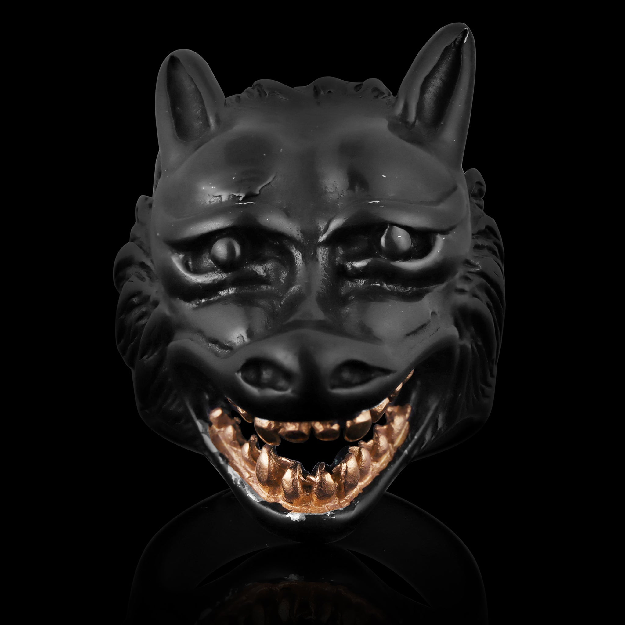 Black Stainless Steel Wolf With 18K Gold PVD Coated Teeth Ring ...