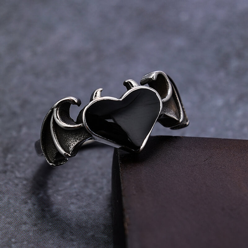 Bat And Heart Stainless Steel Gothic Ring – Extreme Biker Leather